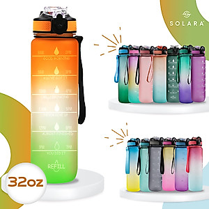SOLARA Motivational Water Bottle with Straw, Water bottles with time to drink, 32oz water bottle BPA free, Large water bottle with straw, Large Water bottles with times to drink | Orange White Green