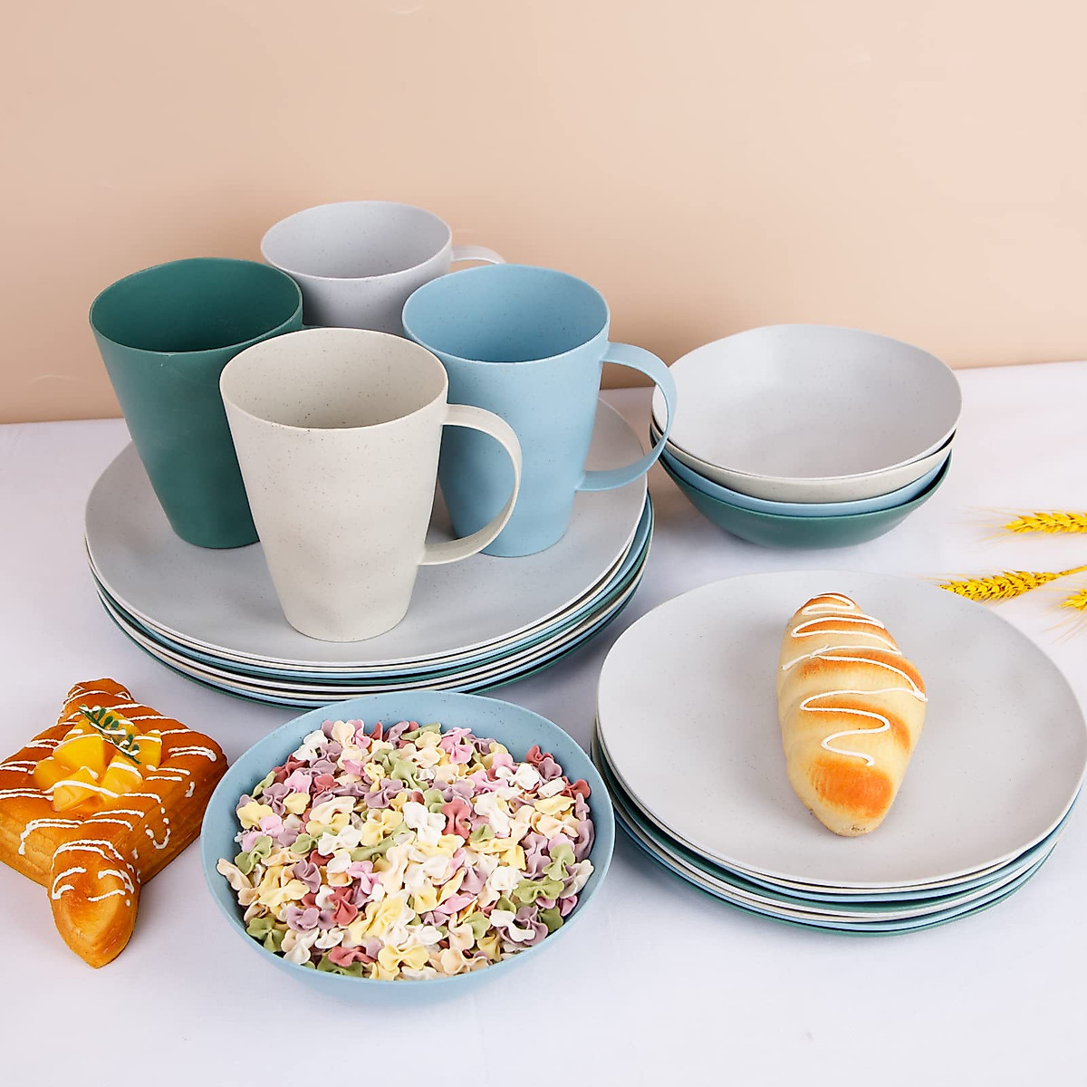 Supernal 32pcs Wheat Straw Dinnerware Sets,Dinnerware Sets for 8,Reusable Tableware Set,Irregular Plastic Plates, Microwave Dishwasher Safe,Unbreakable Dinnerware,16 Plates, 8 Bowls, 8 Cups