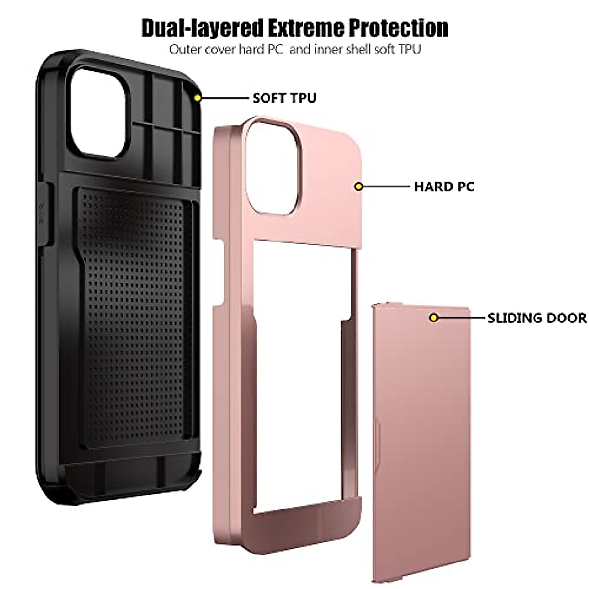 Nvollnoe for iPhone 13 Pro Case with Card Holder Heavy Duty Protective Dual Layer Shockproof Hidden Card Slot Slim Wallet Case for iPhone 13 Pro for Men&Women(Rose Gold)