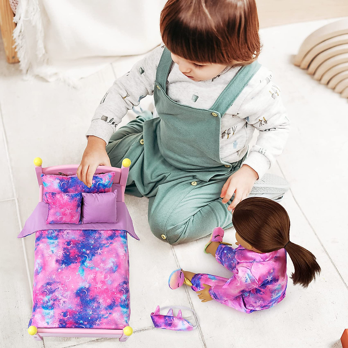 K.T. Fancy 8 PCS 18 Inch Girl Doll Clothes and Accessories Sleeping Sheet,Pajamas,Eye Mask,Unicorn Slippers,Pillow(Doll and Bed are Not Included)