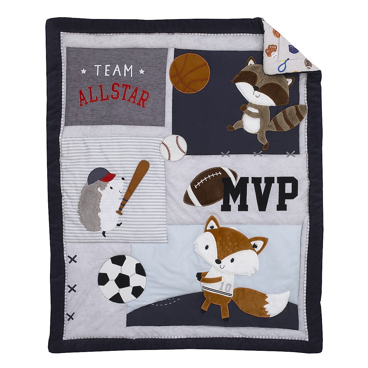 NOJO Team All Star Navy, Grey, and Light Blue, Football, Baseball, Soccer and Basketball, 4 Piece Nursery Crib Bedding Set - Comforter, 100% Cotton Fitted Crib Sheet, Crib Skirt and Storage Tote