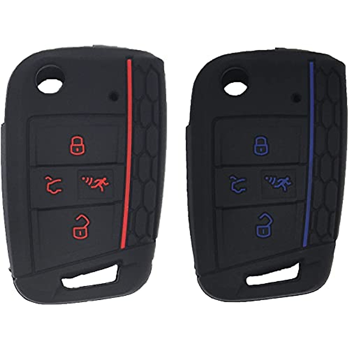 EXUNTECH 2Pcs Silicone Remote Key Fob Cover Compatible for 2020 2019 2018 2017 VW Volkswagen Golf Alltrack Sportwagen GTI Tiguan Atlas Polo Skoda Octavia, Red Blue Buttons