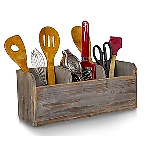 Besti Wooden Kitchen Utensil Holder With 3 Compartments | Torched Wood Utensil Organizer | For Cutlery, Napkins, Cups & More | Large Vintage Countertop Caddy Box | Size: 6.5 x 14.8 x 5” Inch (Rustic)