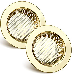 2 Pcs Sink Strainer Stainless Steel Sink Drain Basket Cover Mesh Metal Food Catcher Kitchen Sink Accessories for Hair Garbage, Large Wide Rim of 4.4 Diameter (Gold,2mm Dia Hole Style)