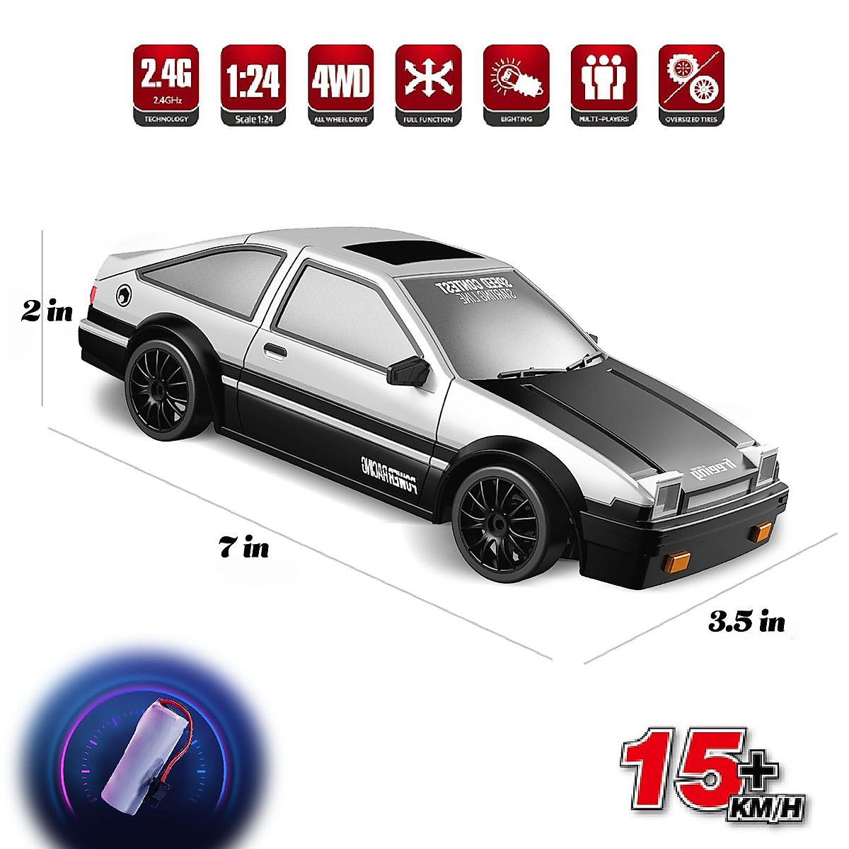 YUAN PLAN Remote Control Car RC Drift Car, 1/24 RC Car 2.4GHz 4WD RC Drift Racing Car High Speed RC Cars with Cool Lights, Rechargeable Battery and Extra Tires Birthday Gifts for Kids (White)