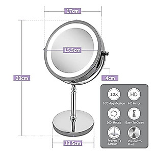 BROHN 7 Inch 10x Magnification Circular Makeup Mirror Dual Sided LED 360 Degree Rotating Cosmetic Mirror Stand Magnifier