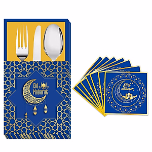 Eid Mubarak Napkins Paper,18 Count Cutlery Holders and 36 Count Ramadan Napkins Lucky Cutlery Decorative Utensil Holders for Ramadan Table Disposable Decorations