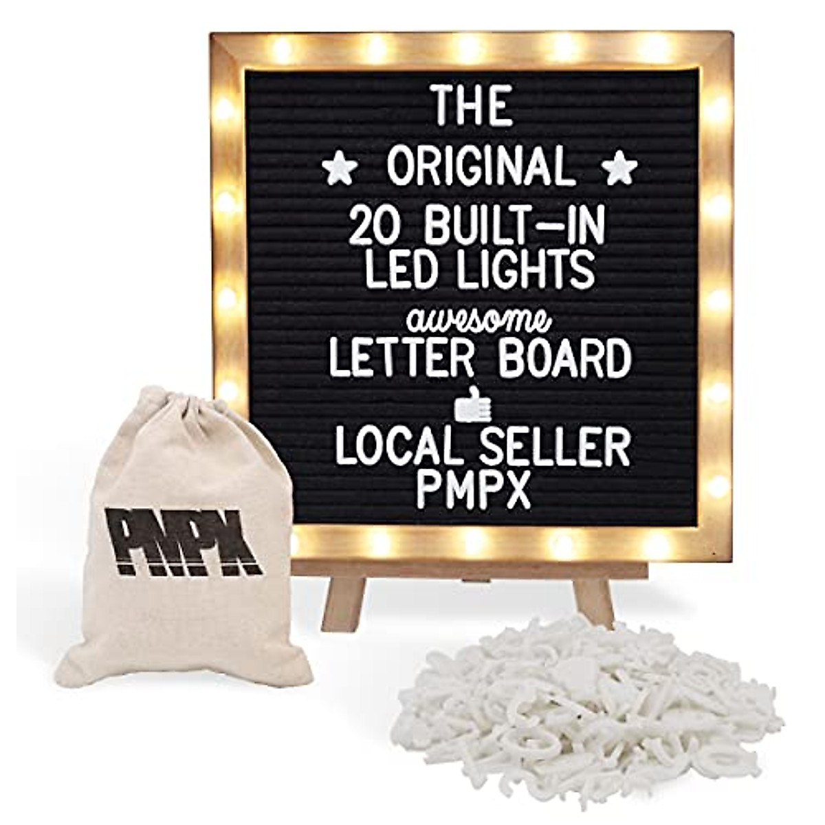 Letter Board The Original Black Felt Board with Stand, Built-in LED Lights 10 x 10 -Menu Board + Wood Frame, 340 Letters, Emojis + Cursive Words - Custom Sign Messages