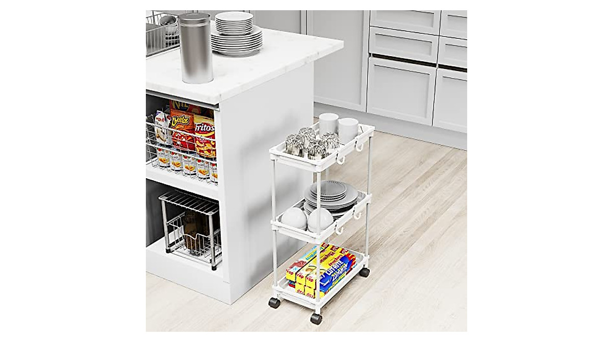 SimpleHouseware 3-Tier Slim Rolling Storage Cart - White for Tight Spaces