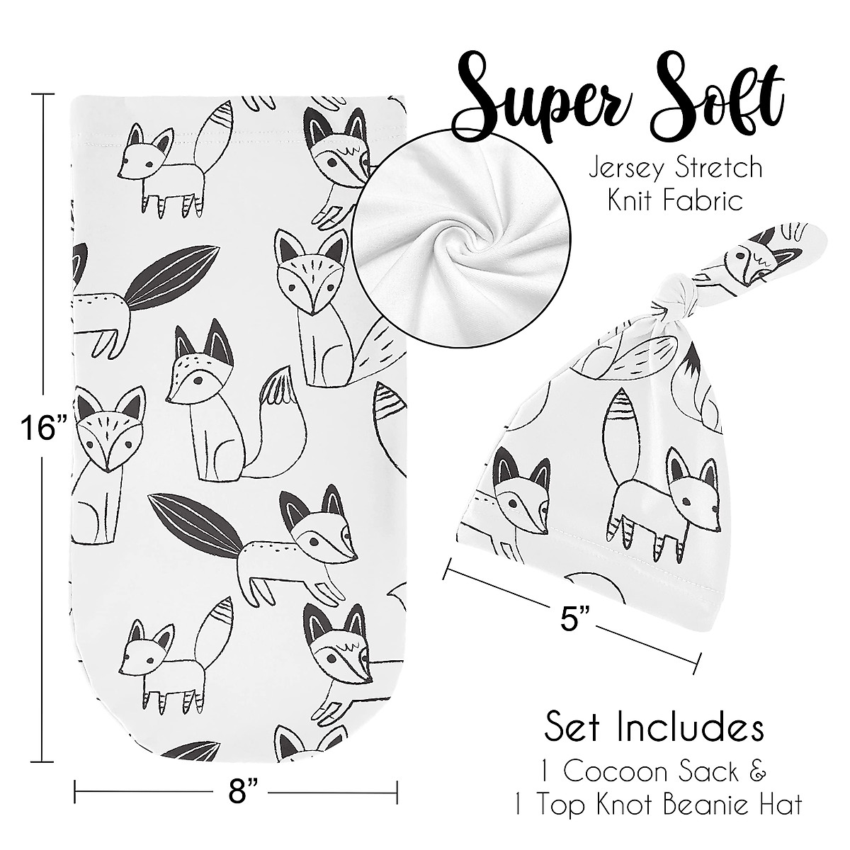 Sweet Jojo Designs Woodland Fox Baby Boy or Girl Cocoon and Beanie Hat Set Jersey Stretch Knit Sleeping Bag for Infant Newborn Nursery Sleep Wrap Sack - Black and White Forest Animal Gender Neutral