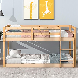 CNANXU Twin Low Bunk Bed,Twin Loft Bed with Ladder for Boys and Girls, Wood Loft Bed Twin Over Twin Bunk Bed Frame with Full Length Guardrail Multifunctional Design,Wooden Slat Support (Natural)