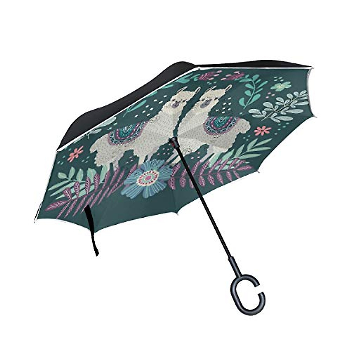 ALAZA Cartoon Llamas Windproof Inverted Open Close Reverse Rain Umbrella Inside Out Quality Waterproof Parasol Upside Down Stick Shelter with Hook c Handle