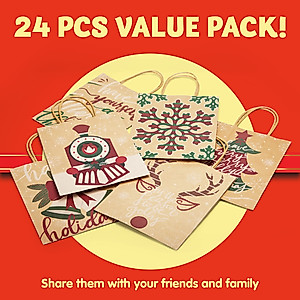 JOYIN 24 PCS Christmas Kraft Bags, Paper Gift Bags with Christmas Characters for Xmas Party Favors, Goody Gift Bags, Holiday Treat Box and Presents 7.25x9x3.5 Inch (not included tissue paper)
