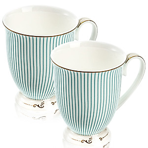 Dicunoy 2 Pack Bone China Mugs, 11oz Fine China Coffee Tea Cups with Gold Trim, Thin Vintage Cup with Pedestal for Valentine's Day, Mother's Day, Birthday, Anniversary, Christmas Gift