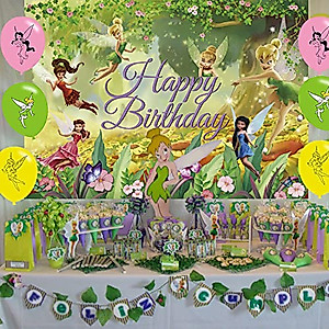 SAIAODI Tinkerbell Birthday Party Banner Backdrop, Fairy Flower Party Decorations for Kid Party Supplies Happy Birthday Banner Tinkerbell Teme Party Decorations Photography Background