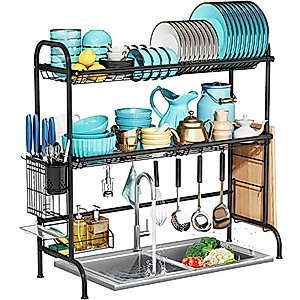 MOUKABAL Over The Sink Dish Drying Rack, Over Sink Dish Drying Rack with 2 Tier Utensil Holder,Large Stainless Steel Dish Racks for Kitchen Counter(2 Tier Black)