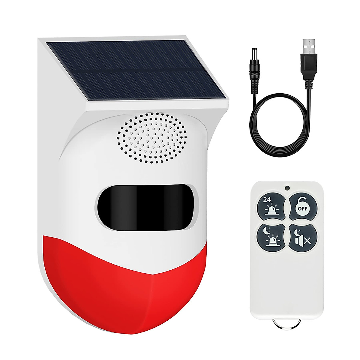 Solar Strobe Light with Remote Controller, Solar Alarm Light with Motion Detector 130db Sound Security Siren 24 Hours+Night Mode+7 Modes IP65 Waterproof for Home, Farm, Barn, Villa, Yard