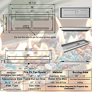 Uniflasy 36" by 12" Drop-in Fire Pit Pan Burner Kit, Stainless Steel Propane Rectangular Firepit Pan Insert with H-Burner, Spark Ignition Propane Hose Kit Fire Pit Table Insert for Indoor or Outdoor