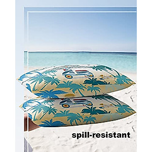 Edwiinsa Outdoor Pillow Covers Waterproof, Coconut Tree All Weather Cushion Case Set of 2, Summer Teal Moire Yellow Ombre Sunset Lumbar Pillowcase for Sofa Couch Bed Decor Patio Furniture 20"x12"