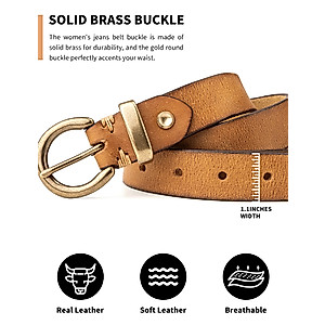 TYWestyles Womens Belt for Jeans Genuine Leather Belt Vintage Solid Brass Circle buckle Gift Box Packaging (Tan-1, Fit Waist 30（Pants 4)