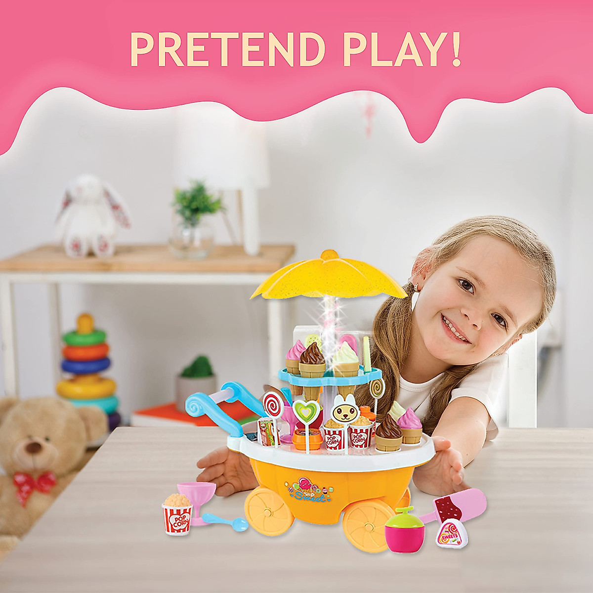 ToyVelt Ice Cream Toy Cart Play Set for Kids - 39-Piece Pretend Play Food - Educational Ice-Cream Trolley Truck with with Music & Lighting - Great Gift for Girls and Boys Ages 2,3 and up