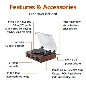 Amazon Basics Turntable Record Player with Built-in Speakers and Bluetooth, Desktop, Black