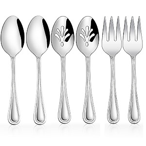 Serving Set, HaWare 6 Pieces Stainless Steel Silverware Serving Utensils, Pearled Edge Hostess Serving Set for Buffet Party Kitchen Restaurant, Mirror Finished & Dishwasher Safe
