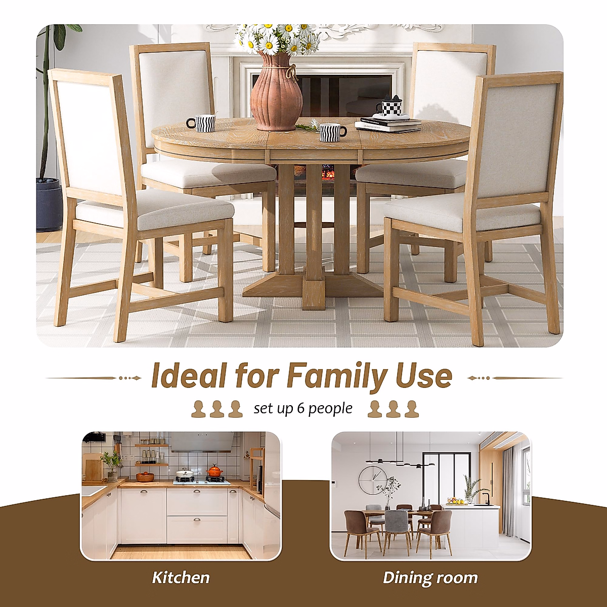 Knocbel 5-Piece Dining Sets 42-58" Extendable Round Table with 4 Upholstered Chairs, Farmhouse Rubber Solid Wood Frame Dining Set for 4 to 6 People Kitchen Dining Room, Natural Wood Wash