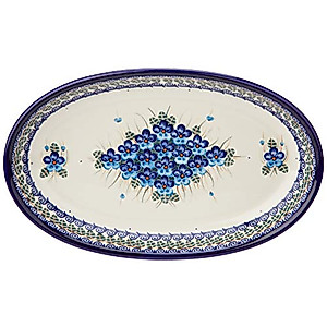 Polish Pottery Ceramika Boleslawiec Platter Karp Cups, Royal Blue Patterns with Blue Pansy Flower Motif, 14-1/8-Inch by 8-7/8-Inch