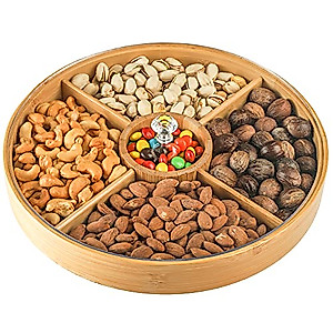 Hedume Bamboo Nuts Storage Platter Tray, Food Serving Tray with 5 Dining Grids, 12 Inches Dessert Fruit Veggie Food Serve Plate Tray for Party, Family Dinner, Holiday and Home Warming