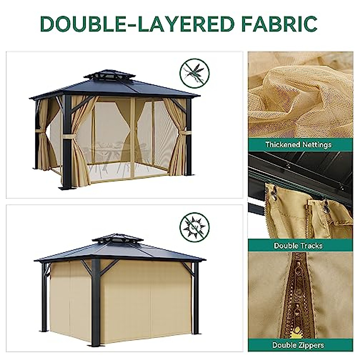 YITAHOME 12x14FT Gazebo Hard-Top Double Roof Canopy Outdoor with Netting and Shaded Curtains, Aluminum Frame Polycarbonate Hardtop Garden Tent for Patio, Backyard, Deck and Lawns, Brown