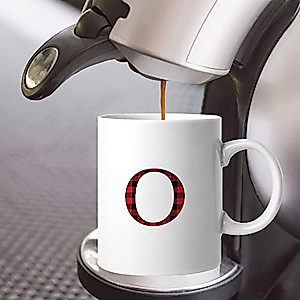 Yelolyio English Alphabet Letter Coffee Mugs, Christmas Black Red Buffalo Plaid Monogram Letter O Mug, Any Letter Floral Alphabet Coffee Cup For Her Birthday Christmas Mothers Day Coffee Mug 11oz