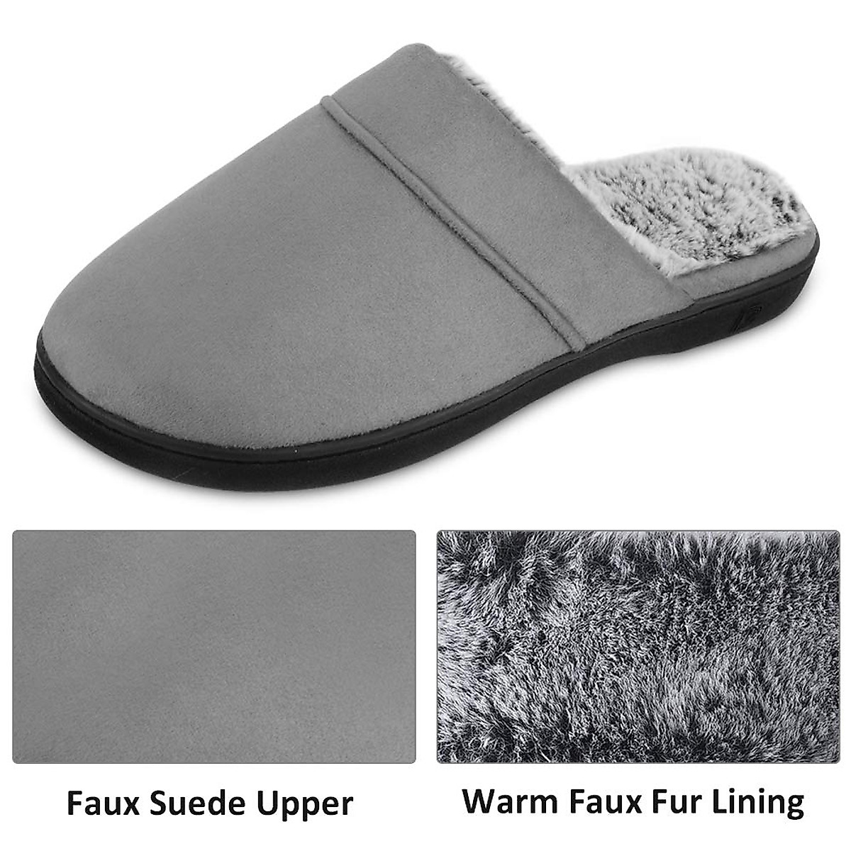 DL Memory Foam Slippers with Fuzzy Plush Lining, Slip-On House Slippers for Men & Women, Anti-Skid Rubber Sole, Indoor/Outdoor, Grey, 9-10