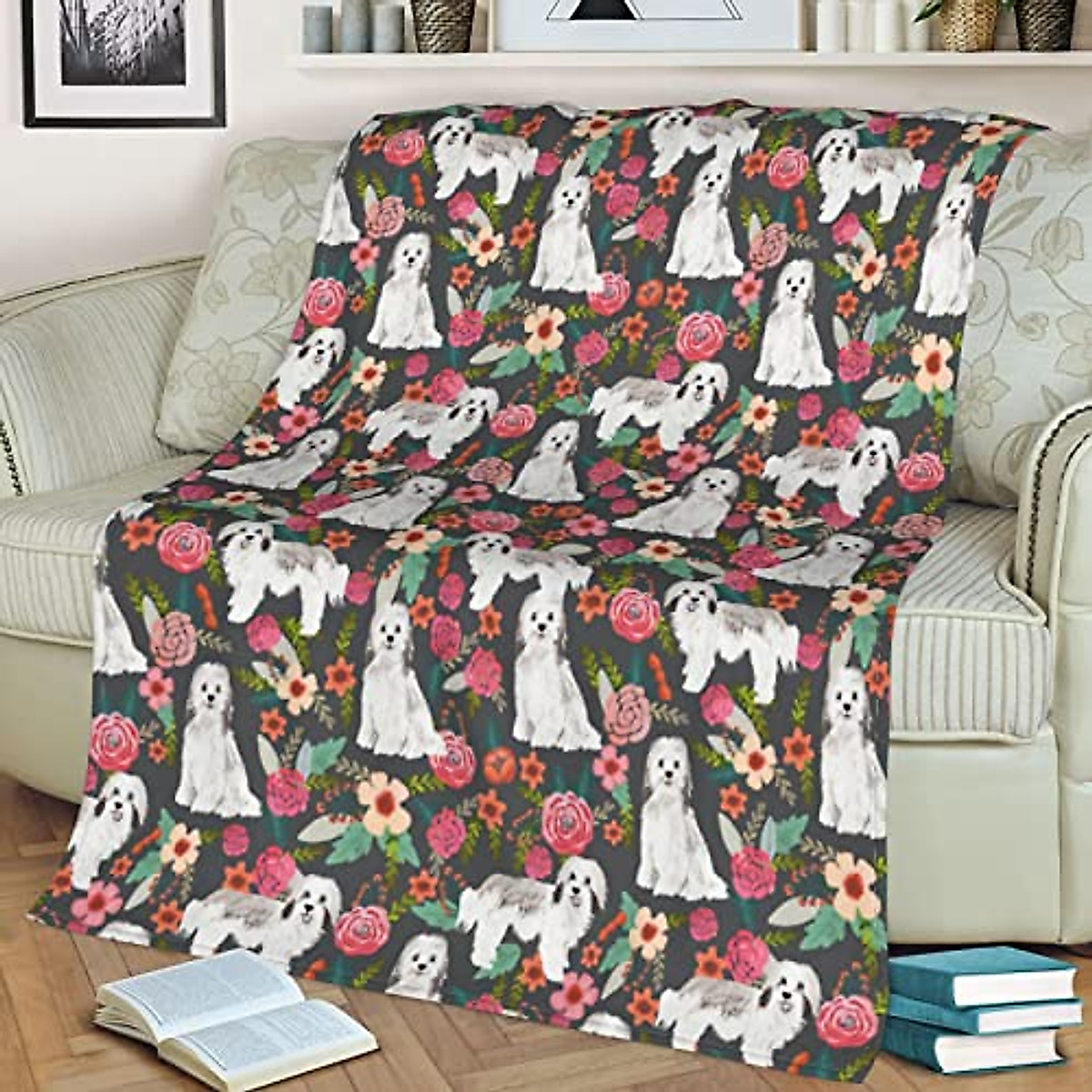 Cute Havanese Dogs Lovers Pink Rose Flower Floral Funny Dog Puppy Animals Boho Style 3D Print Blanket throw Ultra Soft Light Cozy Flannel Blankets For Bedroom Bed And Sofa Quilt Birthday Gifts 50"x40"