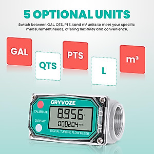 GRYVOZE 1 Inch Digital Turbine Fuel Flow Meter, 2.6-26 GPM Inline NPT Thread Flowmeter with 3/4 in Adapters for Water, Diesel, Gas Oil, Gasoline, and Other Liquids - Supports Gallon, QTS, PTS, L, m³