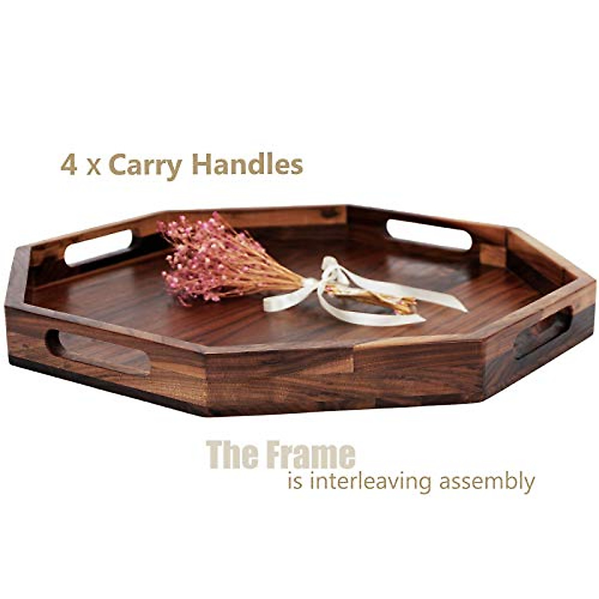 MAGIGO 20 Inches Extra Large Octagonal Black Walnut Wood Ottoman Tray with Handles, Serve Tea, Coffee Classic Wooden Decorative Serving Tray