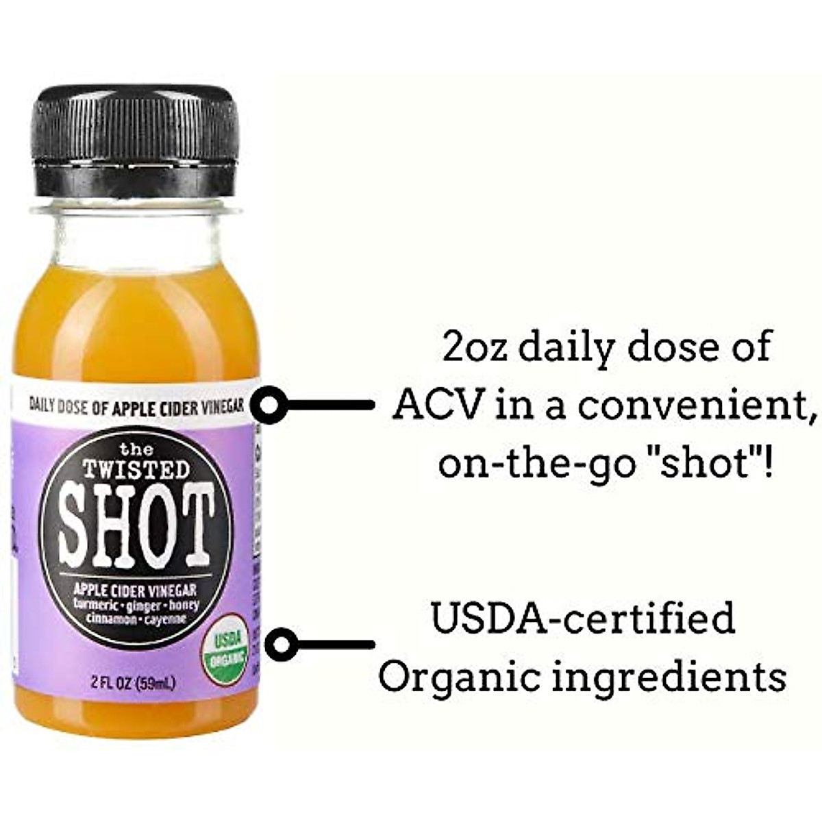 The Twisted Shot | Apple Cider Vinegar Shots with Turmeric, Ginger, Cinnamon, Honey & Cayenne | Wellness Drink | 100% USDA Certified Organic | Gut Health |Liquid, 12-Pack of 2oz Shots