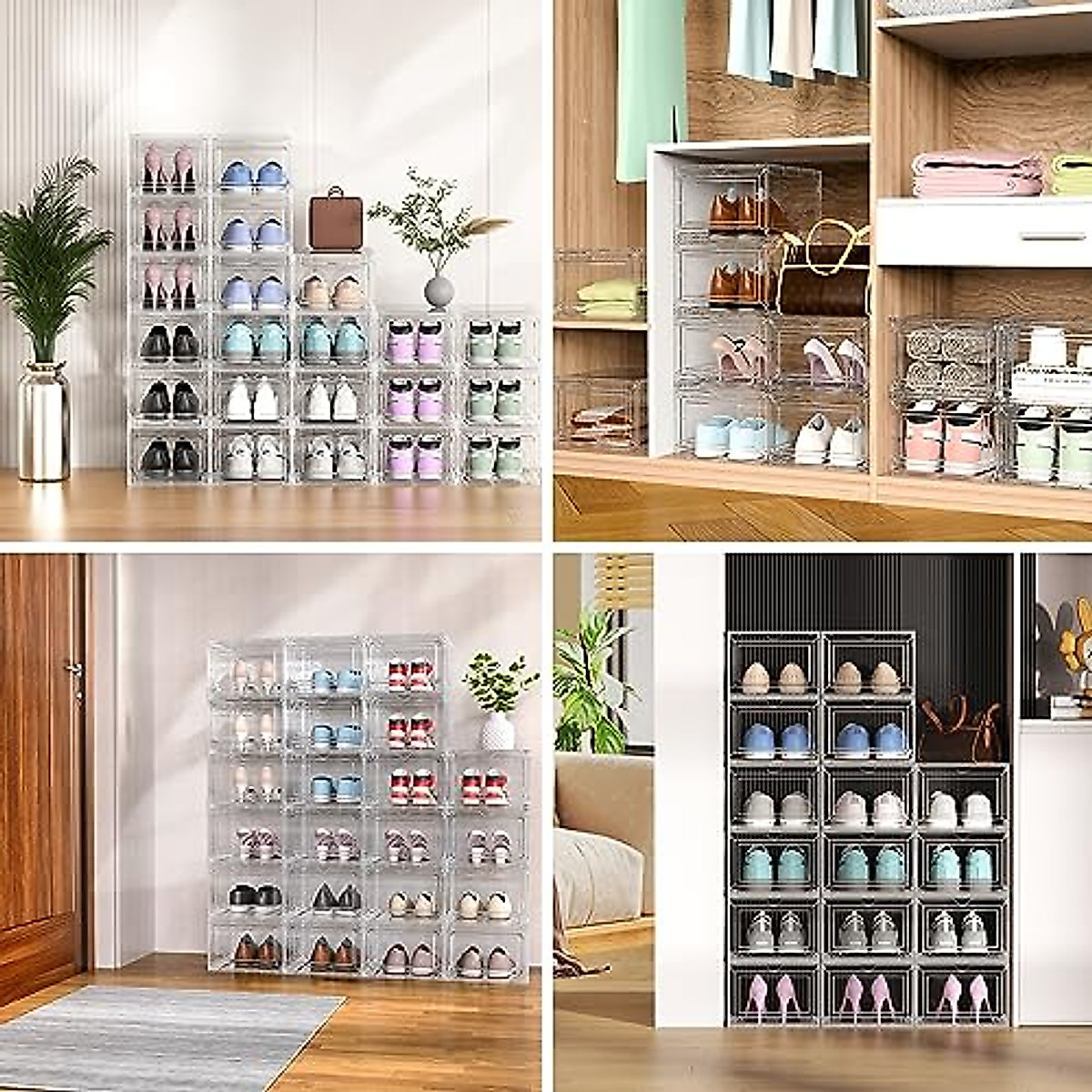 Mitees 10 Pack XX Large Thicken Sturdy Hard Plastic Clear Stackable Shoe Storage Boxes for Size 12, Sneaker Shoe Rack Containers Holders Bins Display Case Organizer for Closet, Red Clear