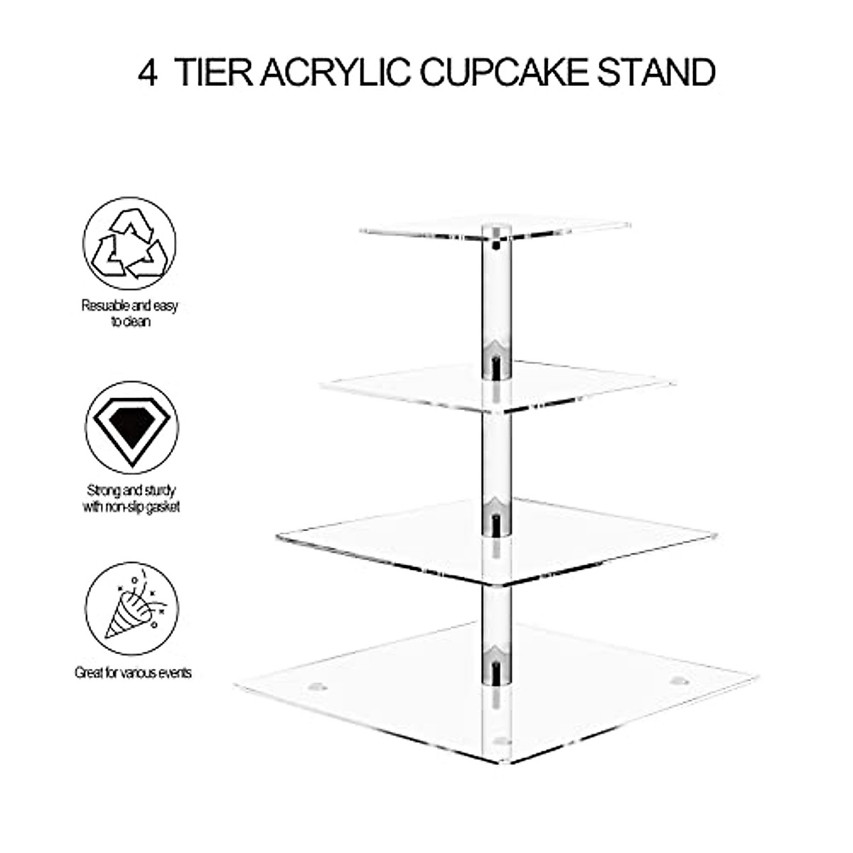 4 Tier Acrylic Cupcake Stand for 50 Cupcakes Dessert Tower with LED String - Square