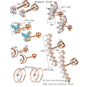 Yachy 7Pairs 16G 20G Cartilage Hoop Earring Cartilage Earring Stud for Women Barbell Piercing Stainless Steel Nose Lip Ring Daith Helix Conch Tragus Earring Piercing Jewelry, Metal, cubic-zirconia