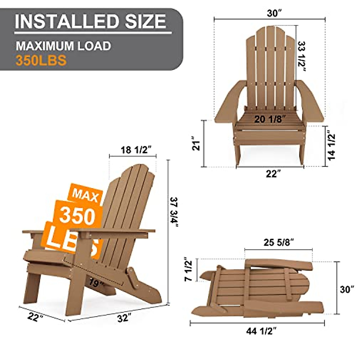MXIMU Folding Plastic Adirondack Chair and Table Set, Fire Pit Seating, Foldable Outdoor Lounger Armchair, Lawn Chairs Furniture for Beach Poolside Balcony Patio Teak