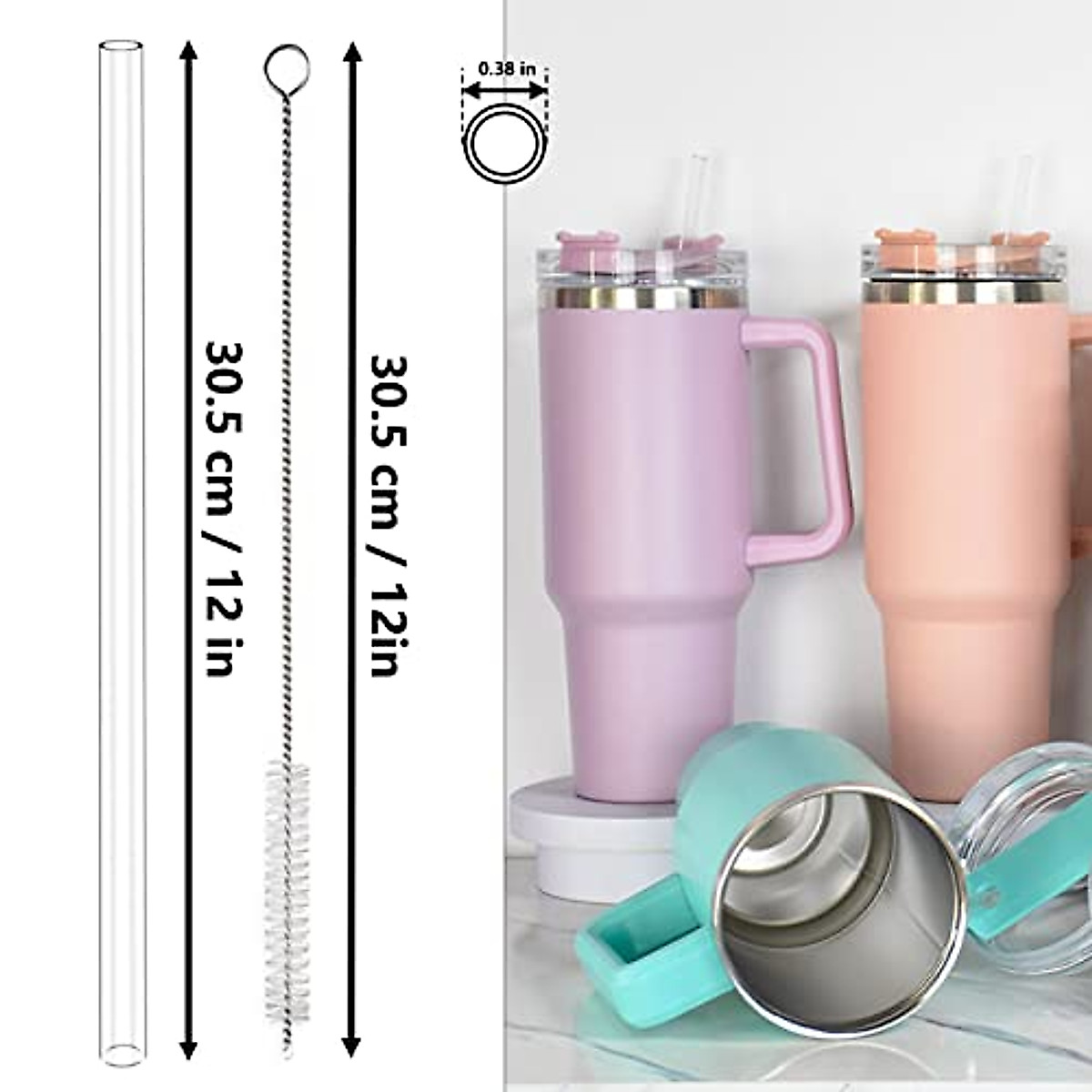 Replacement Straws for Stanley 20 30 40oz Tumbler 12 Inch Clear Reusable Straws with Long Cleaning Brush for 40 oz 30 oz Adventure Quencher Travel Tumbler Cup