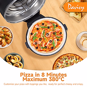 Upgrade Davivy 16" Large Indoor Pizza Oven with Pizza Stone & Grill Pan, Electric Pizza Cooker Heats up to 380℃, Portable Indoor Pizza Maker Machine for Home with Timer, Window - Black