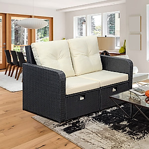 Wicker Outdoor Patio Sofa Chair: Rattan Convertible Patio Furniture Sets with Waterproof Thick Cushion Outdoor Furniture Set Comfortable Easy Assemble Patio Chairs for Outdoor Backyard