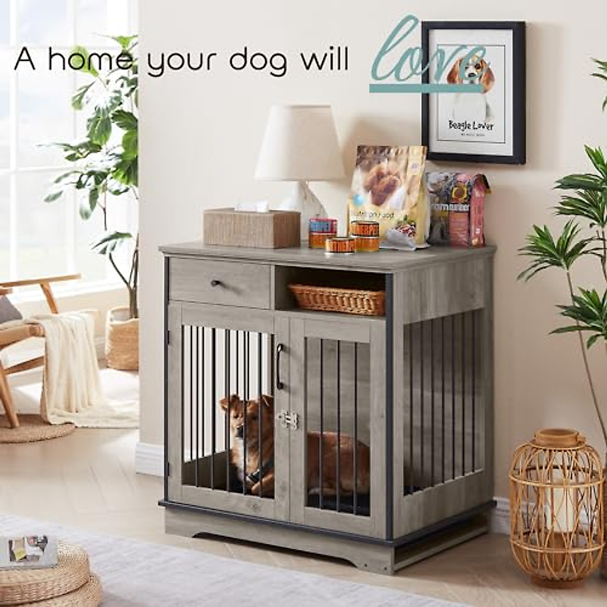 DOSSMBOLA 32'' Wooden Dog Crate Furniture for Medium Small Dogs, Dog Kennel Dog Crate with Pull-Out Tray, Storage Drawer, End Table Dog Cage - Gray