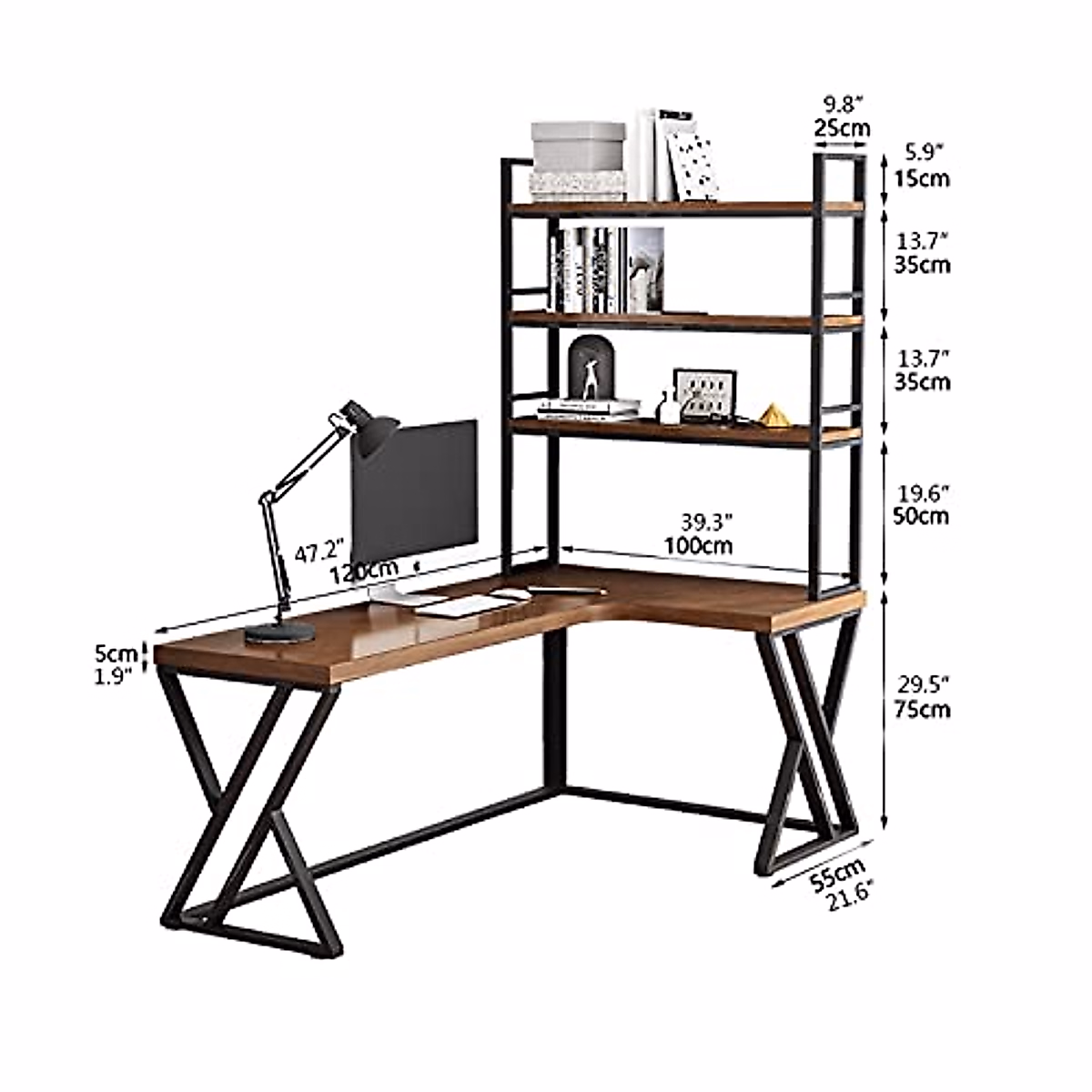 Computer Desk/Writing Desk Multifunctional L-Shaped Corner Desk Home Office Desk with 3-Layer Storage Shelves Large Monitor Stand Workstation, Rustic Brown and Black PC Table Study Table