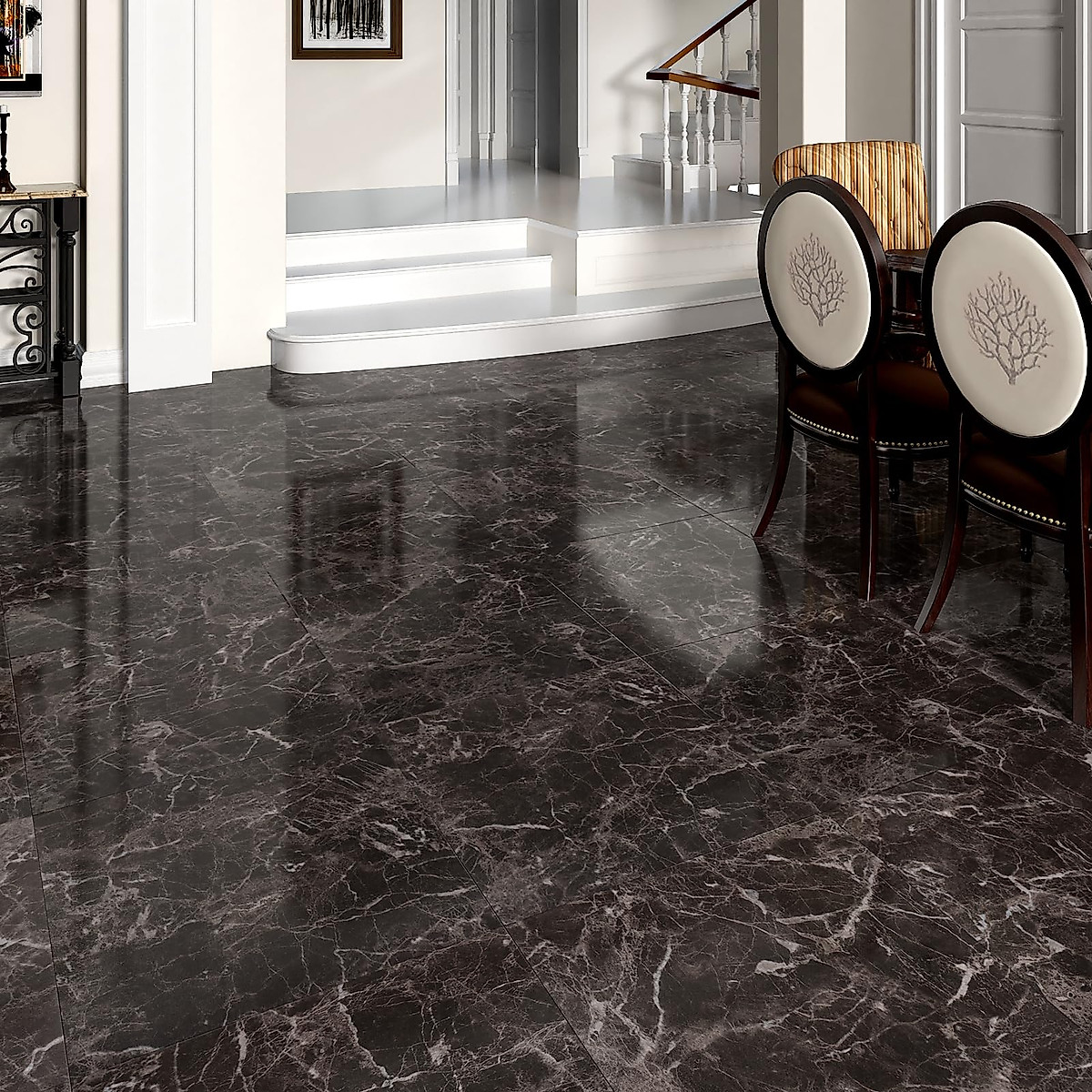 WESTICK Black Marble Peel and Stick Floor Tile Bathroom Flooring Tiles Peel and Stick Waterproof Floor Tile Bedroom Living Room Vinyl Flooring Kitchen Vinyl Tiles for RV Storeroom 5 PCS 12" x 12"