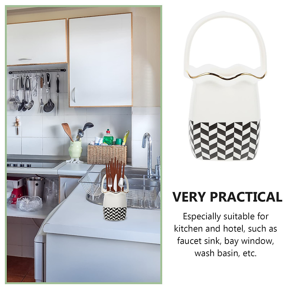 HEMOTON Ceramic Utensil Holder Caddy Organizer: Kitchen Flatware Silverware Tableware Container Holder Chopsticks Storage Basket Cup for Spoon Forks Dining Table Black