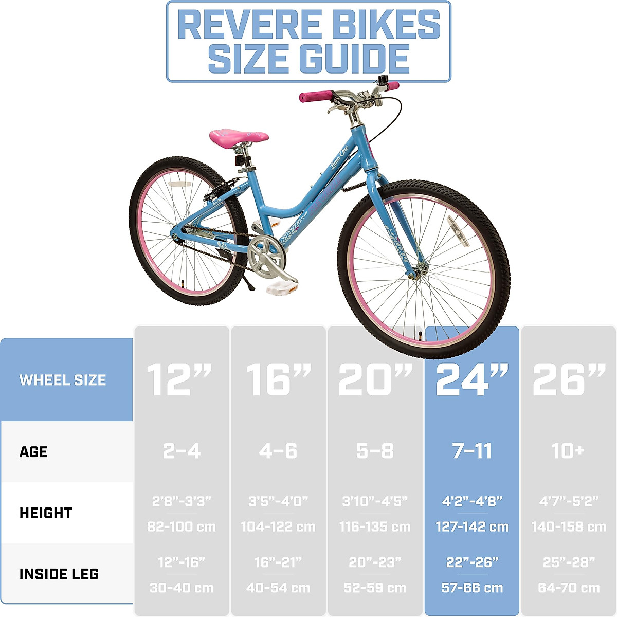 Revere Freestyle Kids 24" Girls Cruiser Bicycle for Ages 7-11 Years Old. Lightweight Aluminum Frame and Fork, Easy to Ride! Premium Parts, Premium Design, Premium Safety! (Periwinkle)