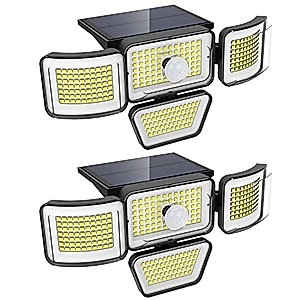 Solar Flood Lights Outdoor, 3000LM Motion Activated Security Lights, 4 Adjustable Head 300° Wide Lighting Angle with 3 Lighting Modes, IP65 Waterproof 278 LED Wall Lamp for Porch Yard Garage, 2 Packs